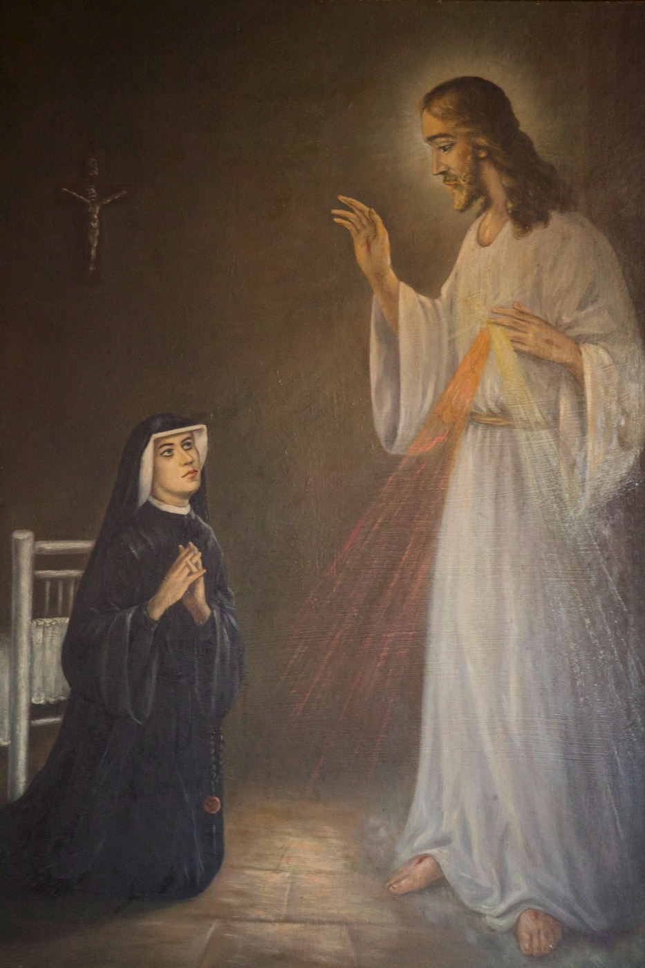 Jezus przekazuje Św. Siostrze Faustynie dziewięciodniową modlitwę.Obraz ...